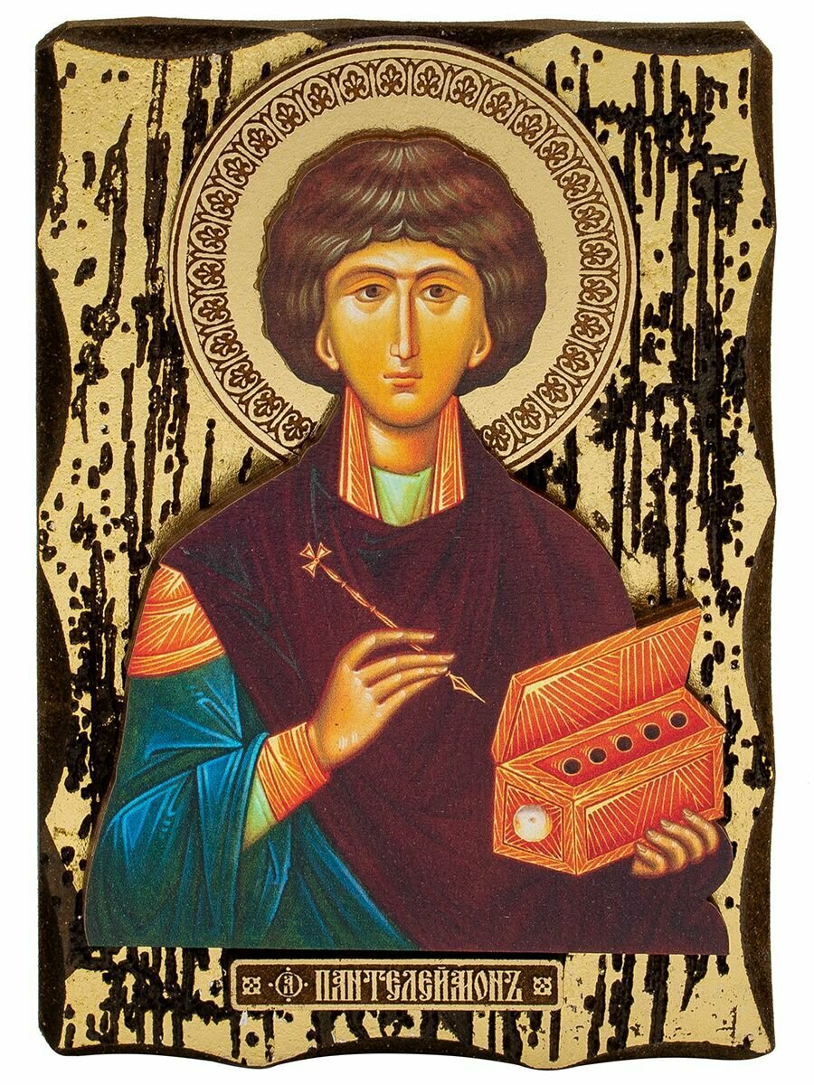 Икона под старину целитель Пантелеимон, дерево 9,5х13,5 см.