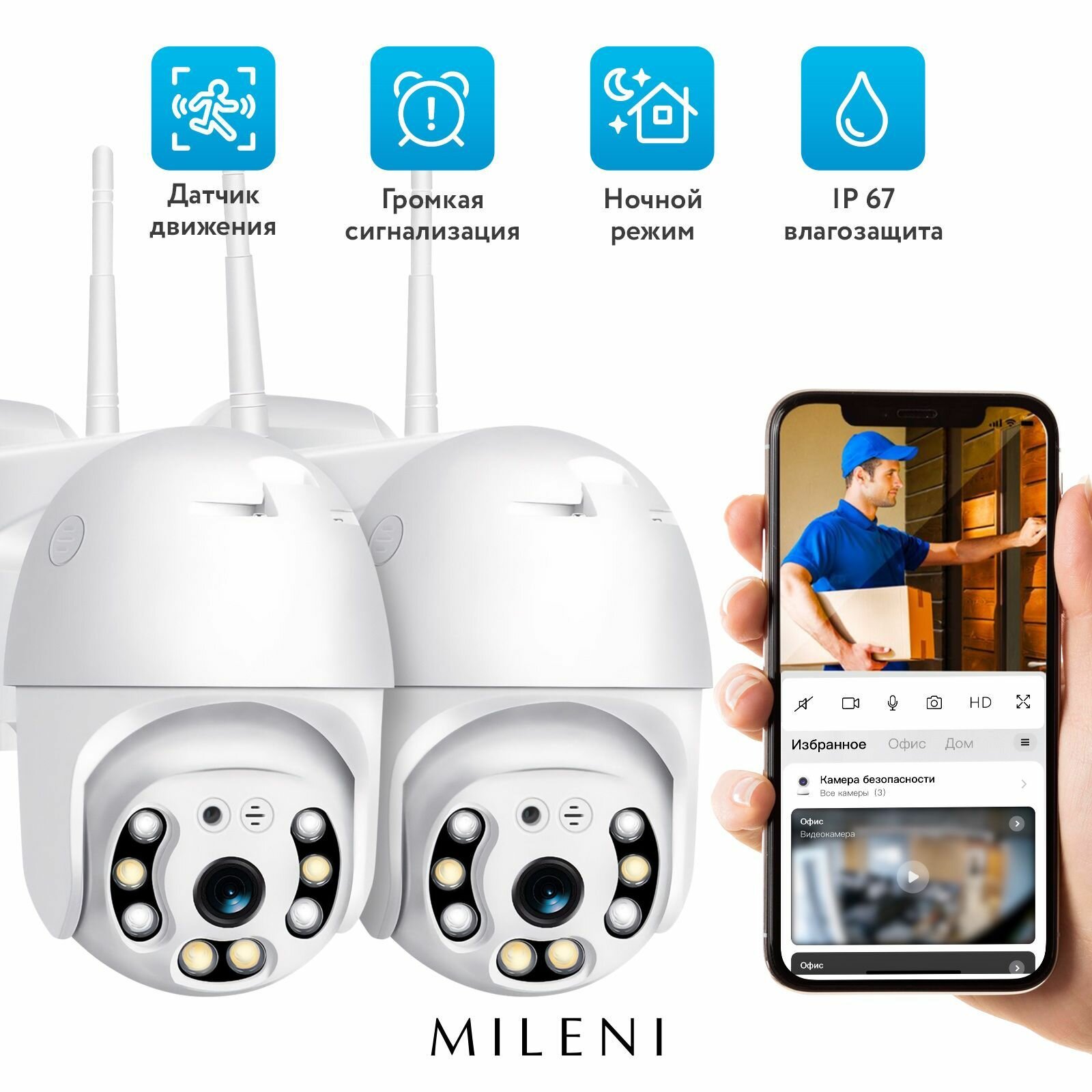 Беспроводная Wi-Fi камера MILENI "Smart Camera", 360°, IP-камеры, ночное видение, 2 шт