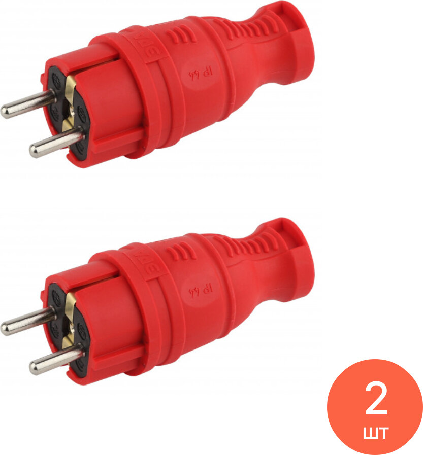 Вилка силовая кабельная ЭРА V8-RED-IP44 прямая с заземлением из каучука, красная, 3500Вт 16А / электрика (комплект из 2 шт)