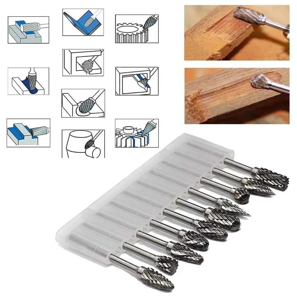 Набор бор-фрез из карбида вольфрама 6 мм, хв-к 3 мм, 10 шт Genler 25009, пластиковый