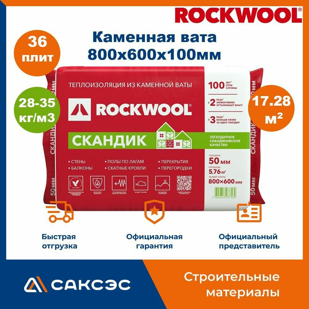 Каменная вата утеплитель Роквул Лайт Баттс Скандик 800х600х100мм, 36 плит, 17.28 м2 / Утеплитель Rockwool