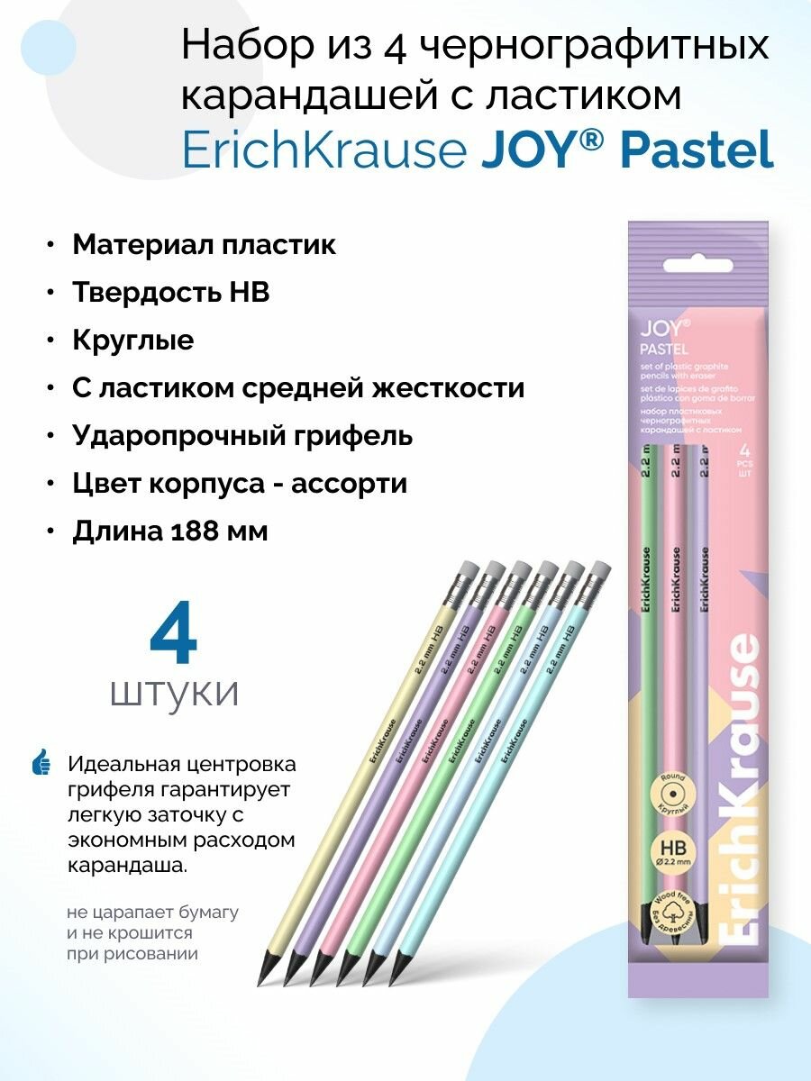 Набор из 4 чернографитных карандашей пластиковых JOY Pastel, круглых, с ластиком, HB (в пакете)