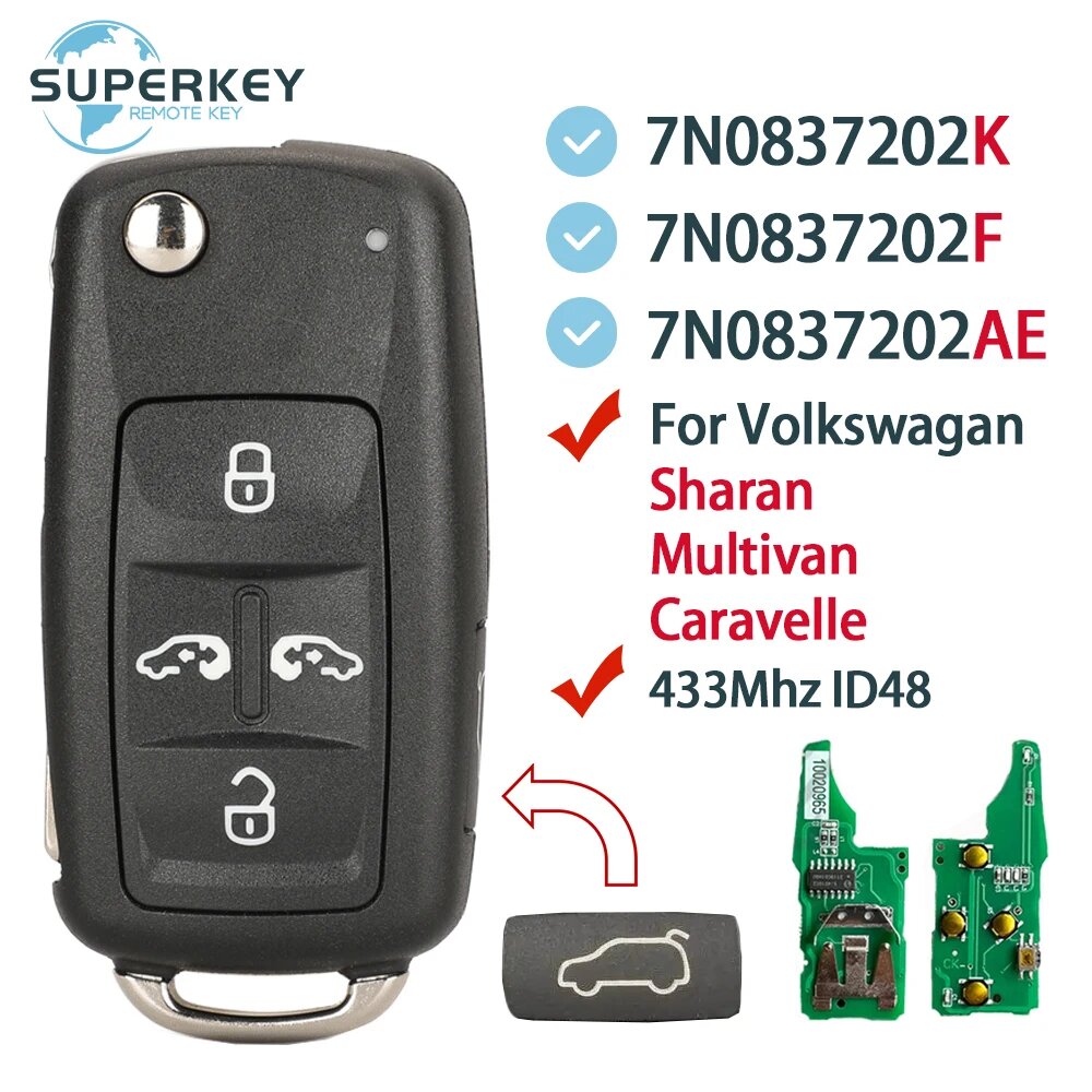 Для VW Volkswagan Sharan Multivan T5 Caravelle 5 кнопок дистанционный автомобильный брелок 433 МГц ID48 Ask 7N 0837202 К 7Н 0837202 Ф 7Н 0837202 AE