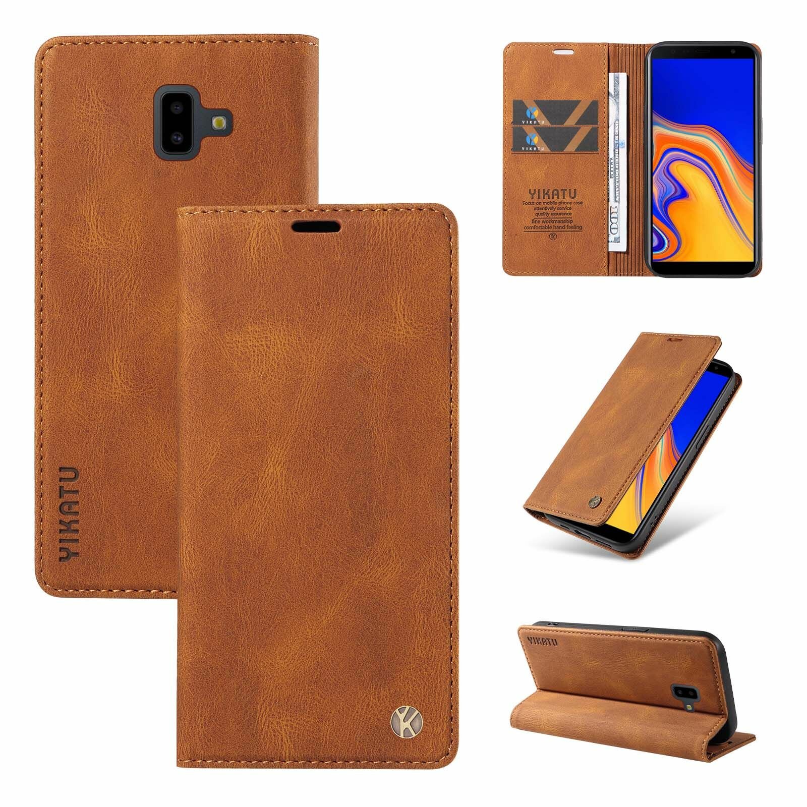 YIKATU Кожаный чехол для Samsung Galaxy J6 Plus (J610F)/ Самсунг Галакси J6 Плюс J610F с визитницей из экокожи книжка