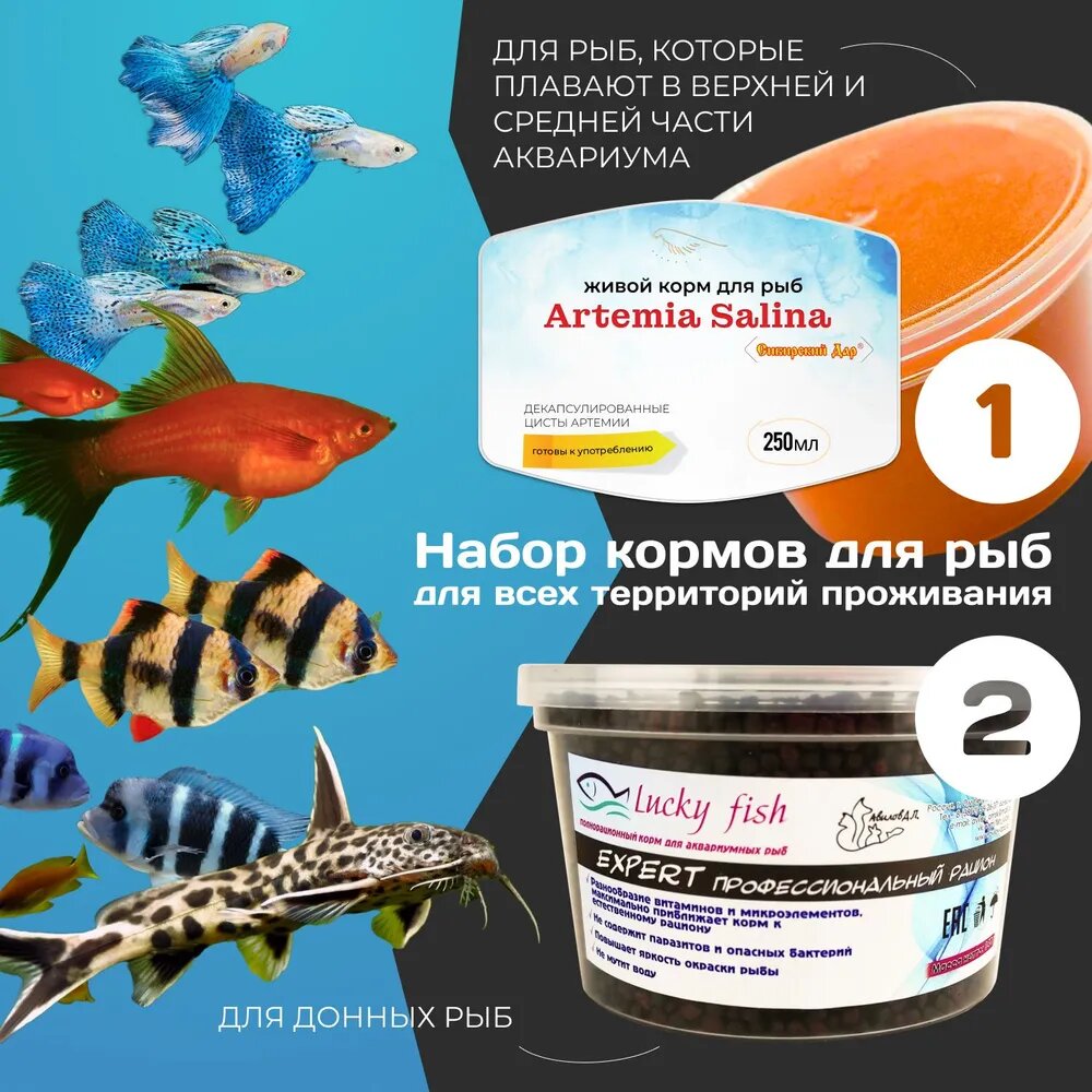 Набор кормов для рыбок: декапсулированные цисты артемии Artemia Salina (250 мл) + гранулы для донных рыб LUCKY Fish Expert "Профессиональный рацион" (250 мл)