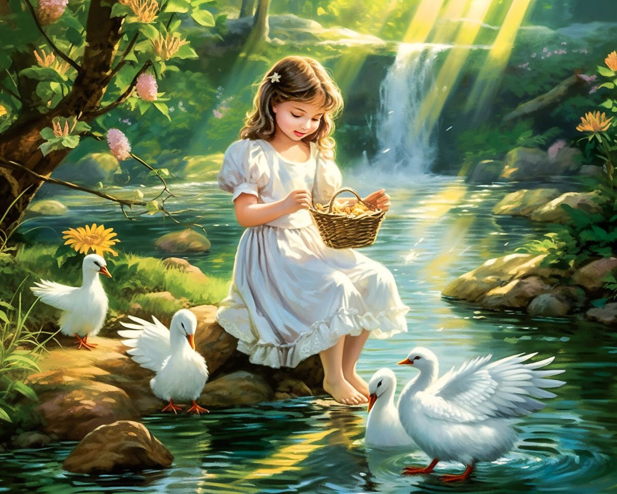 Картина по номерам девочка и лебеди 40х50