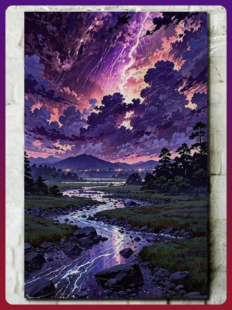 Картина интерьерная на дереве пейзаж в стилистике аниме (Гроза, буря, ветер, речка) - 22510051