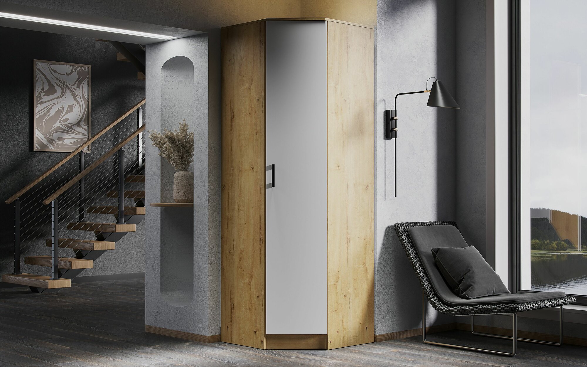 Шкаф угловой распашной Дуб Вотан-Белый гладкий