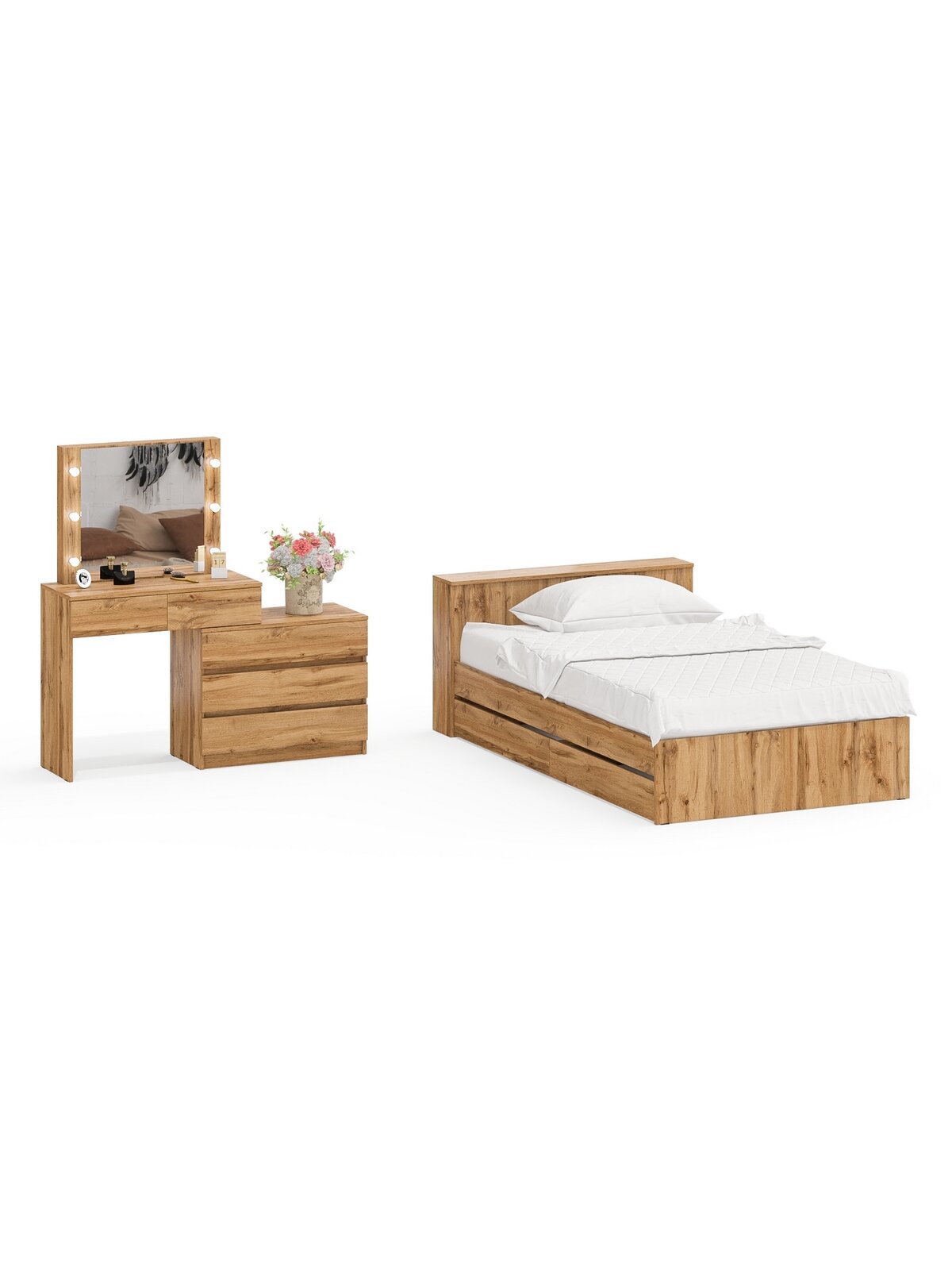 Столик туалетный с лампочками 110 с односпальной кроватью с ящиками Ксения 1200, дуб вотан, сп. м. 1200х2000 мм.