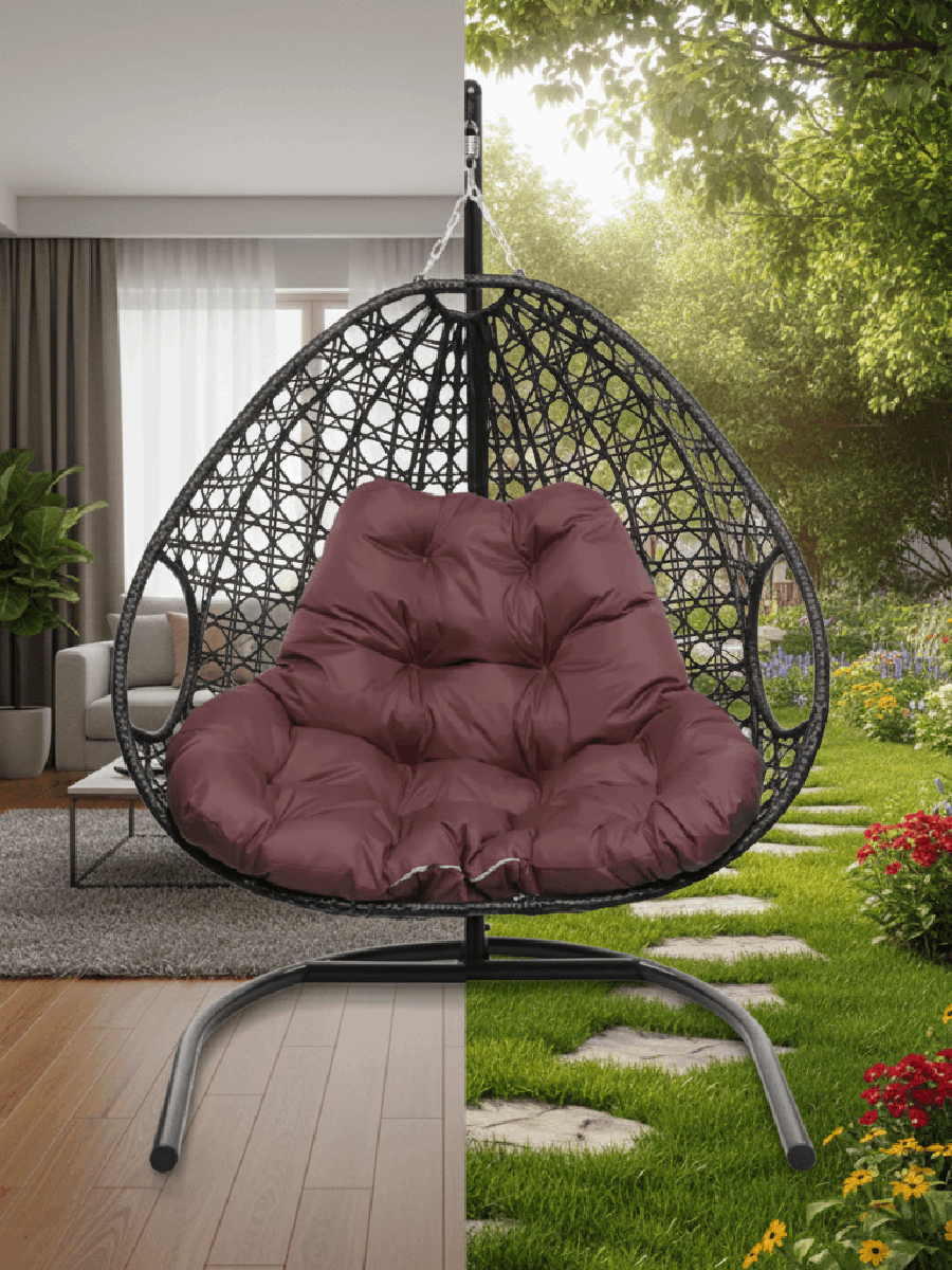 Подвесное кресло кокон из ротанга Для двоих Люкс чёрное с бордовой подушкой, 120×120×193