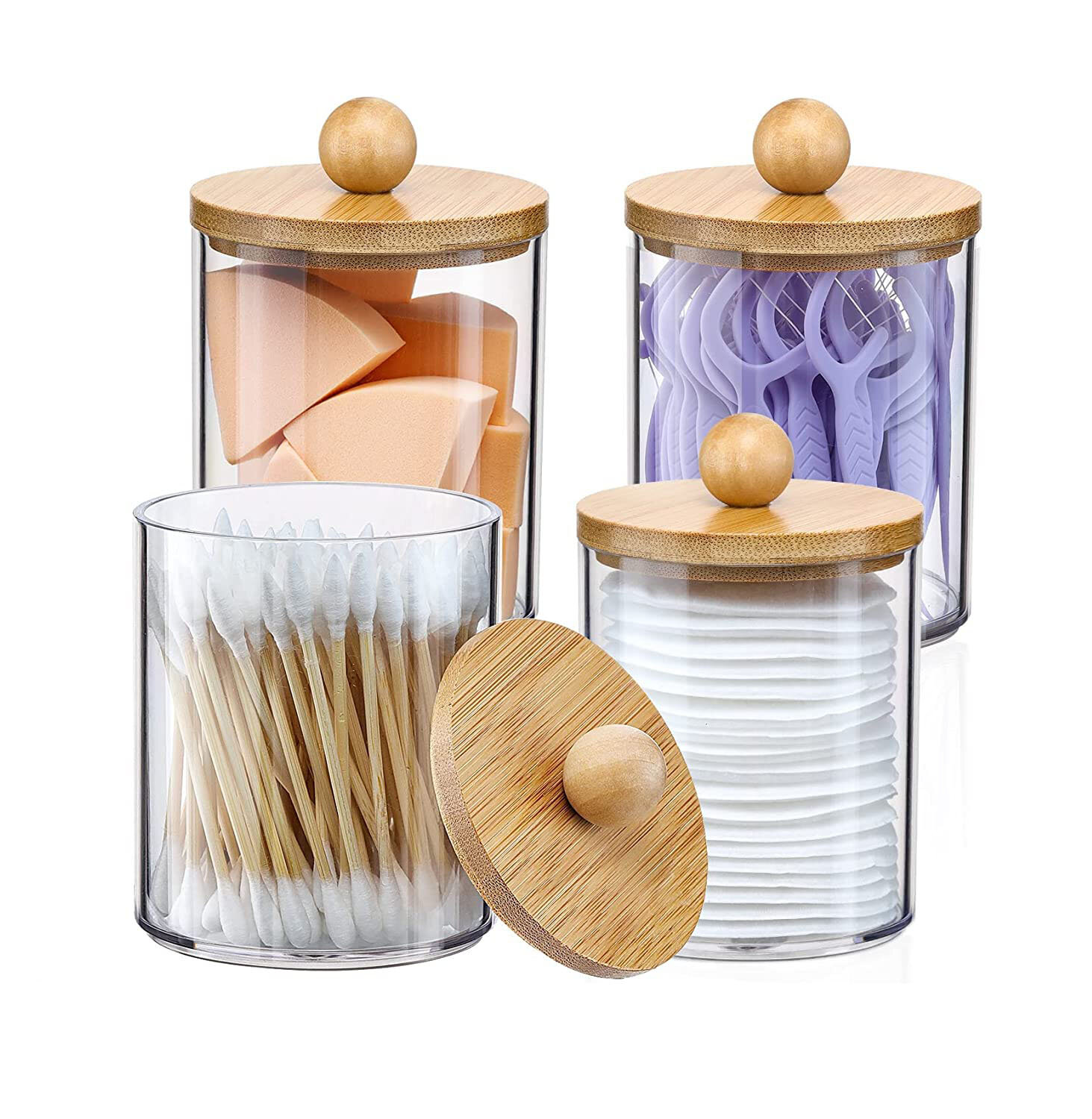 Набор контейнеров для хранения 4 штуки, емкость 10 унций, прозрачный пластик, с бамбуковыми крышками, для ванильного макияжного органайзера, ванные принадлежности, для ватных палочек, ватных шариков, ватных пеленок, зубной нити