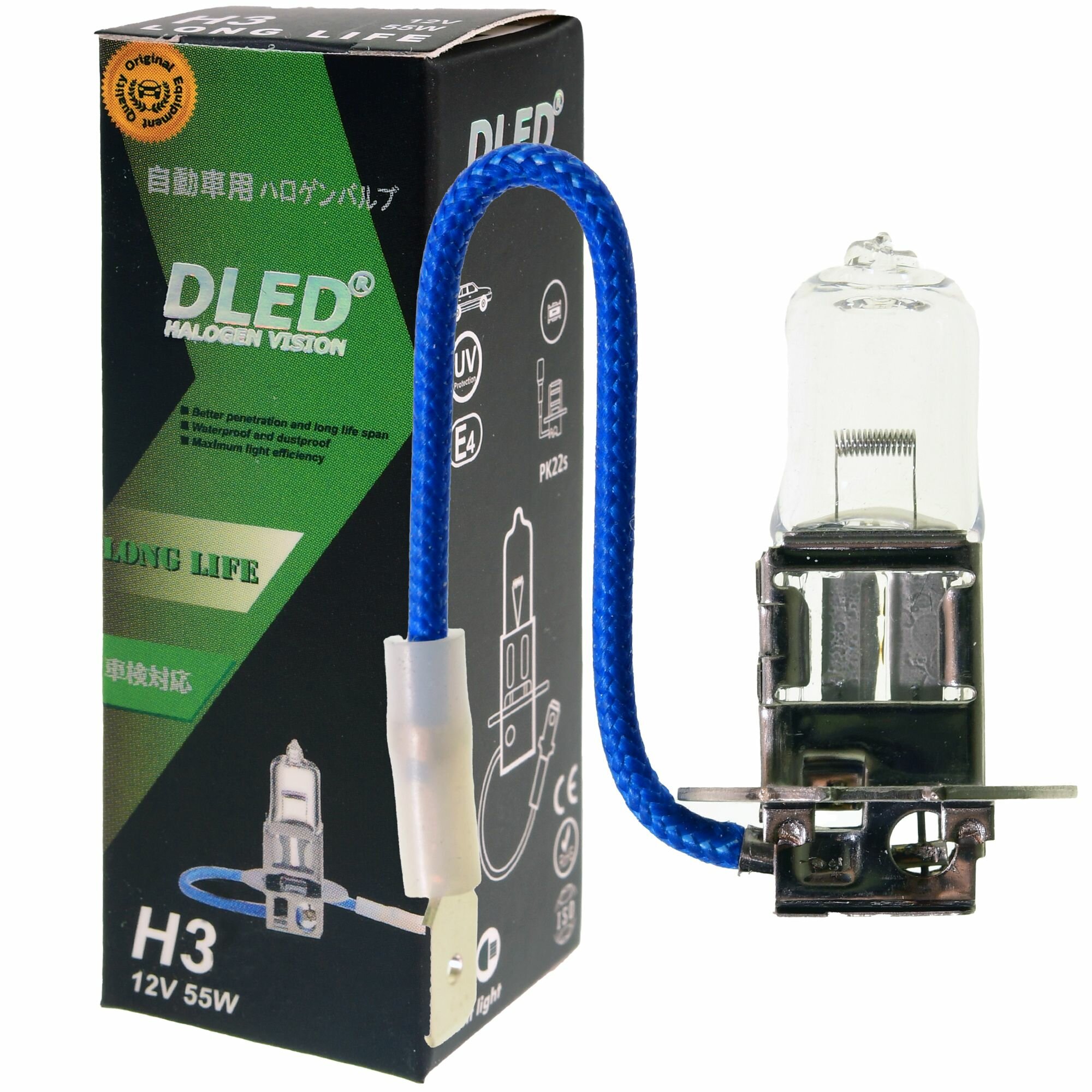 Автомобильная лампа H3 PK22S 12V 55W 3300K Бренд DLED Серия "Long Life" Теплый Белый (1шт.)
