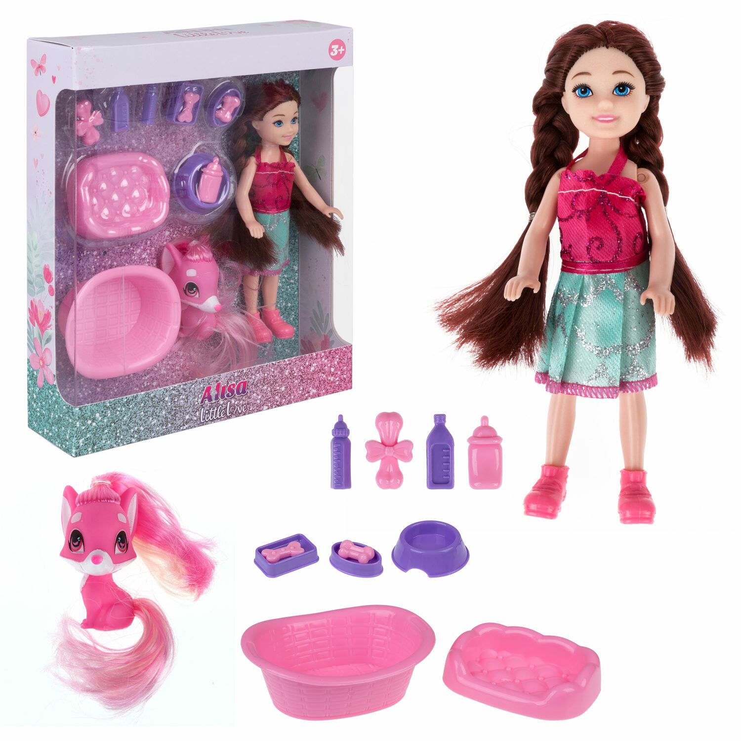 Кукла детская Алиса фэшн 1TOY с аксессуарами и питомцем, брюнетка с косичками, маленькая, 14,4 см