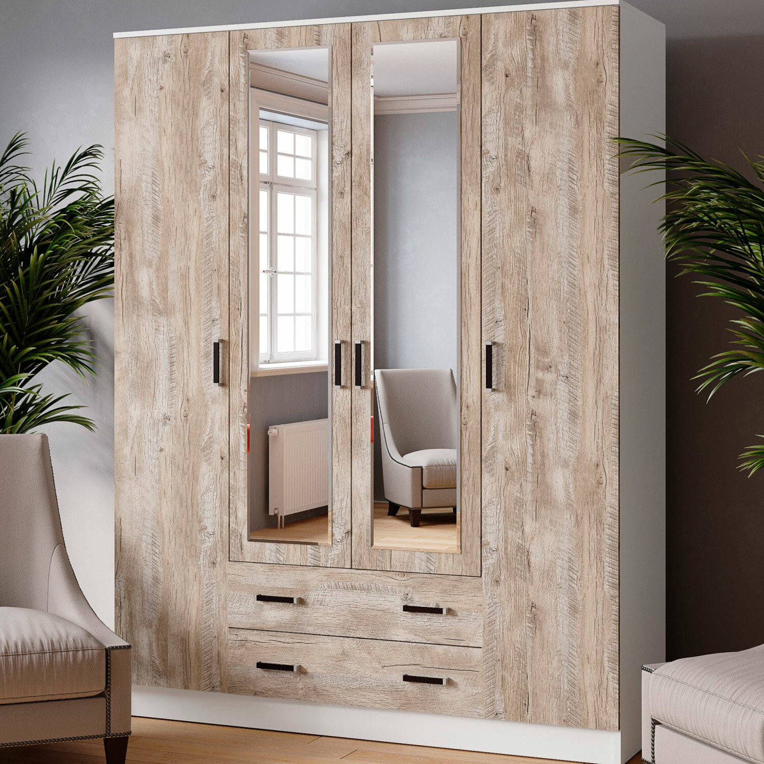 Шкаф распашной с зеркалом комбинированный Лагуна-016 210,0х160,0х51,0 см, белый/дуб юкон