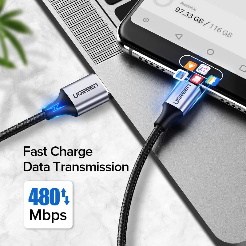 2 шт. UGREEN USB Type-C кабель 3A, 0.5m, Silver — фото 1