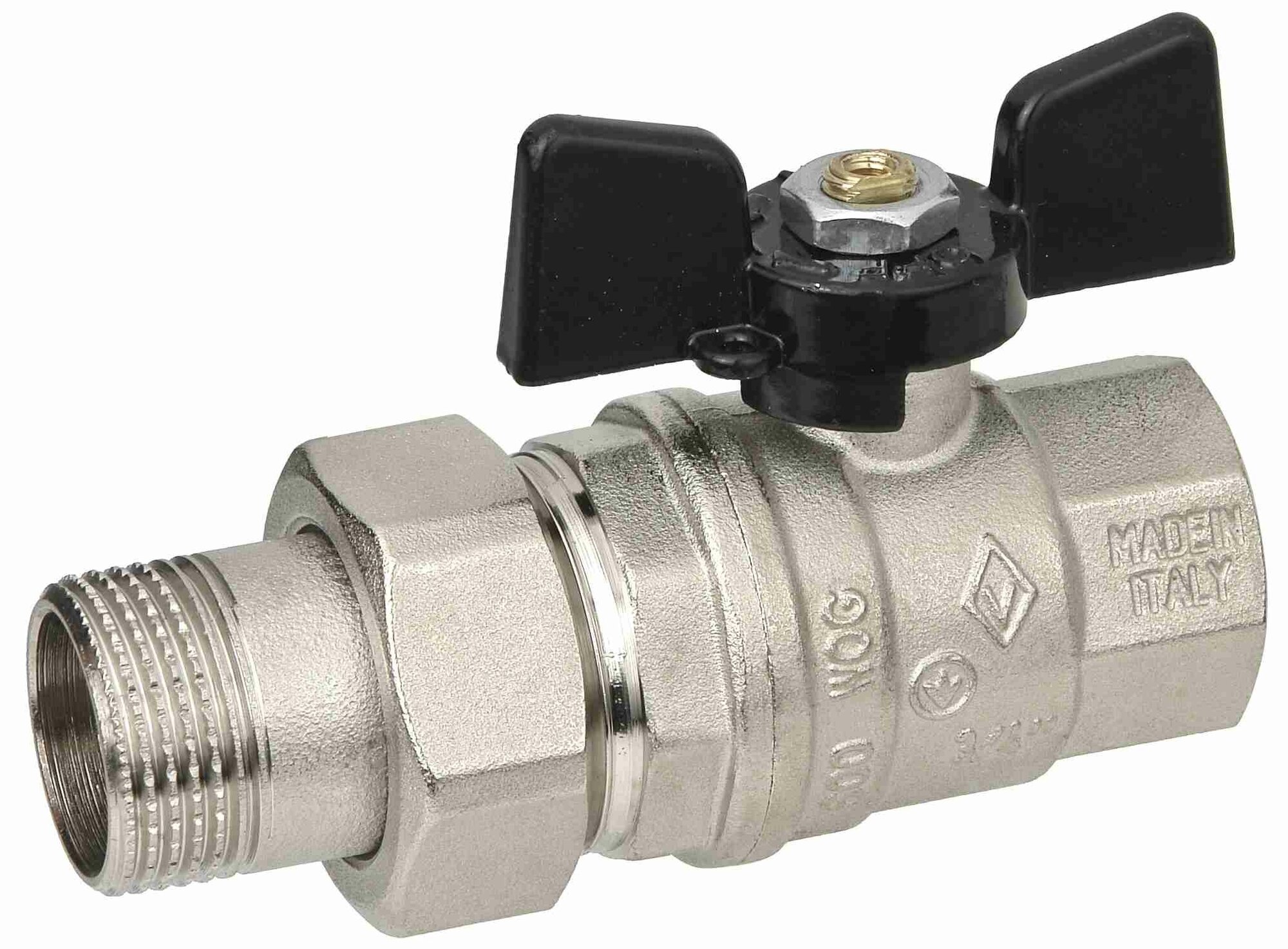 Кран латунный шаровой Bugatti 3/4" Н. В. (D20 бабочка со сгоном) Oregon 322