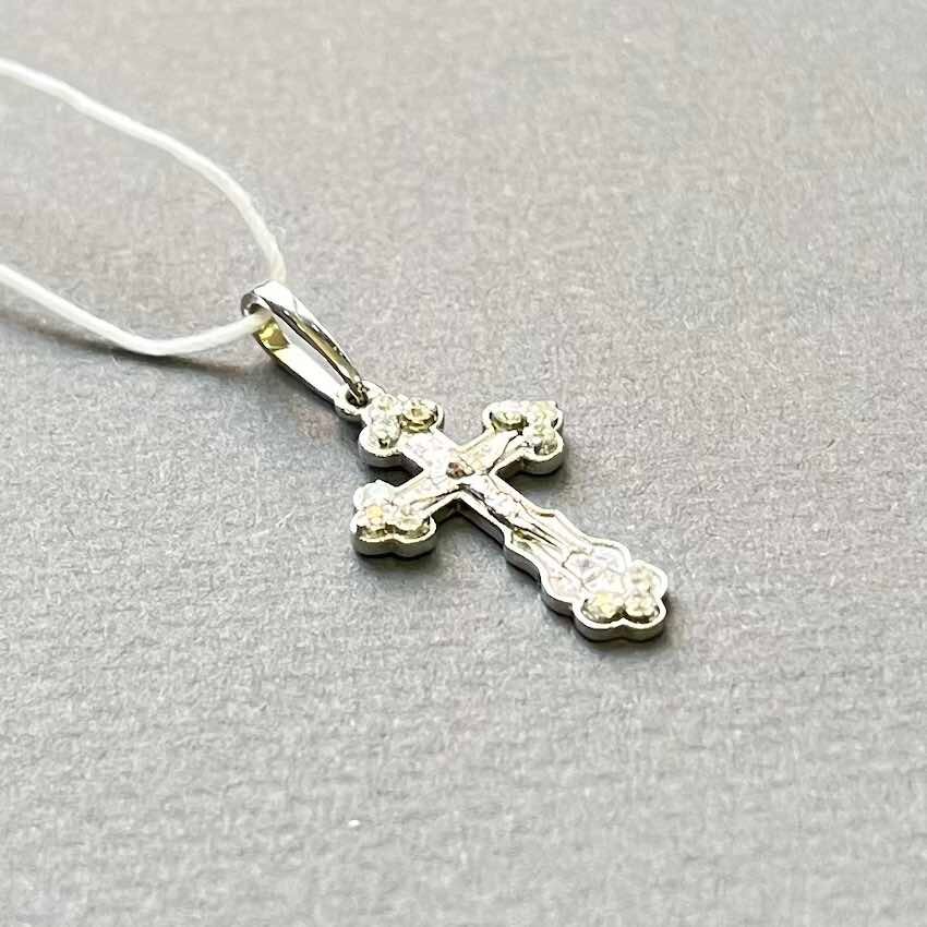 Крестик, белое золото, 585 проба, родирование, фианит