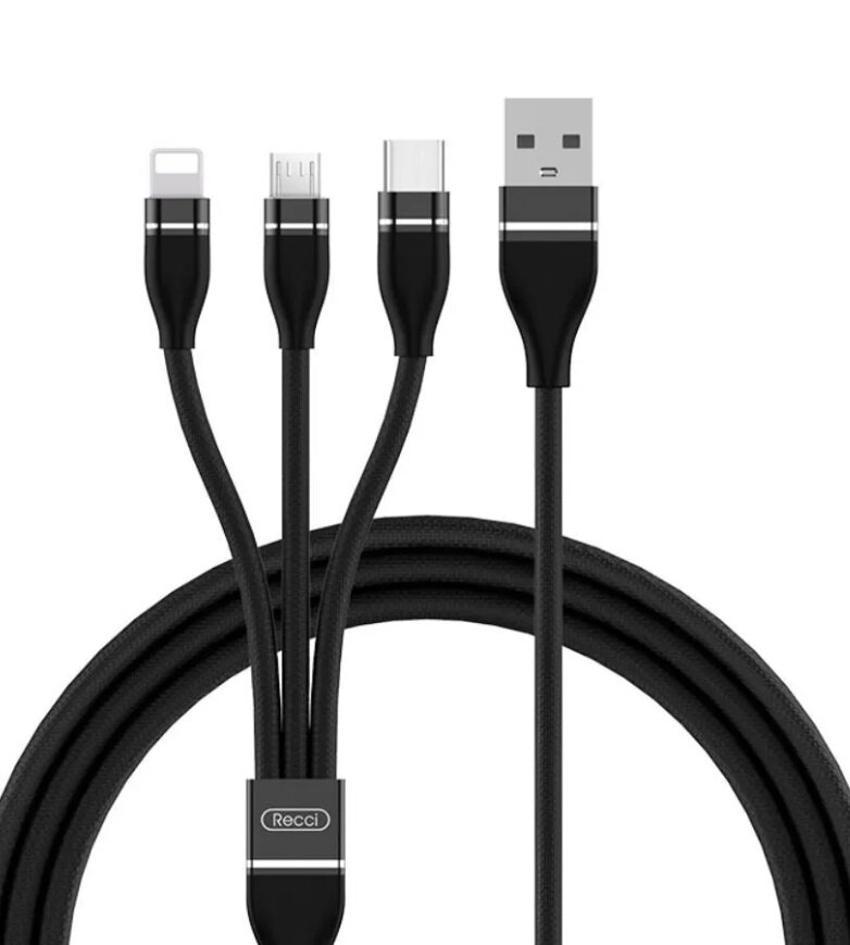 Кабель для зарядки Recci Charging Cable 3-in-1, USB to Lightning/Type-C/micro USB, 3А, 120 см, Черный, RTC-T02