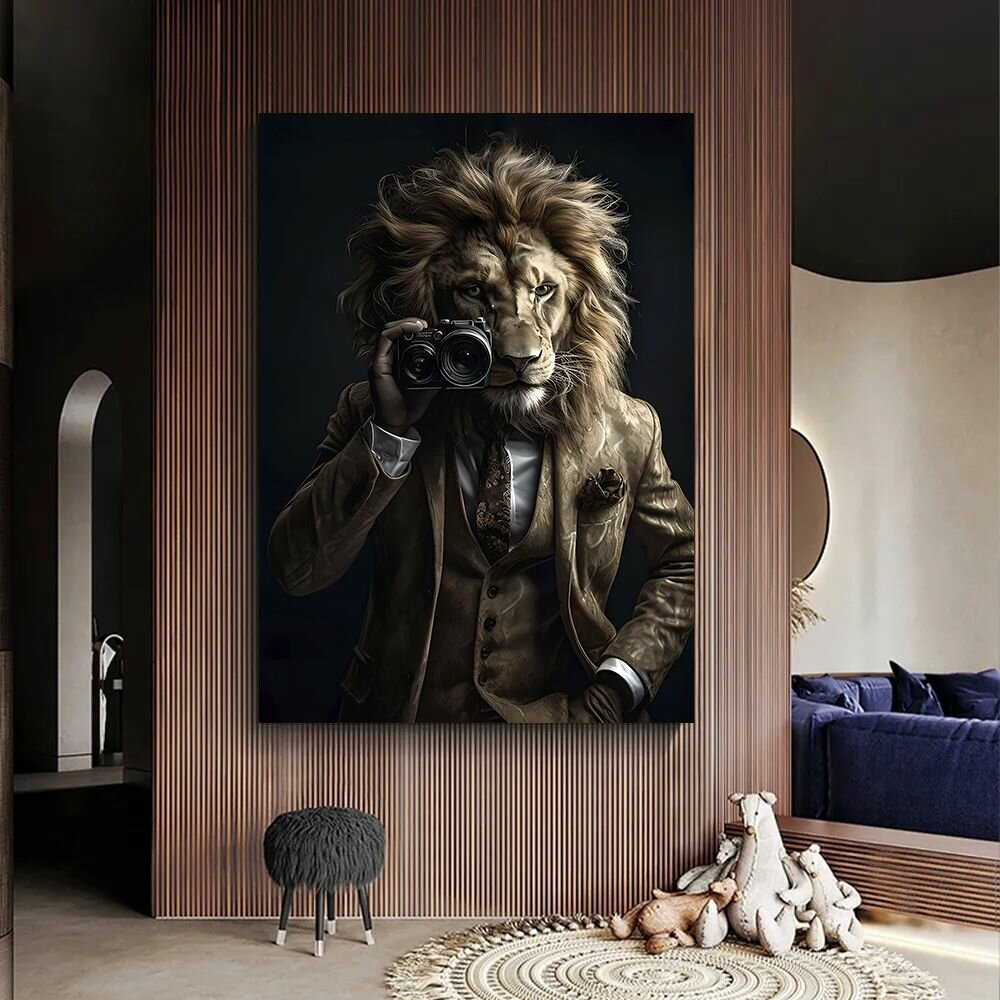 Картина для интерьера на стену, стильный Лев в костюме, 20х30 см.