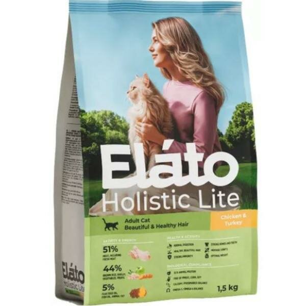 Elato_ Сухой корм Elato Holistic Lite для кошек с курицей и индейкой, 1,5кг