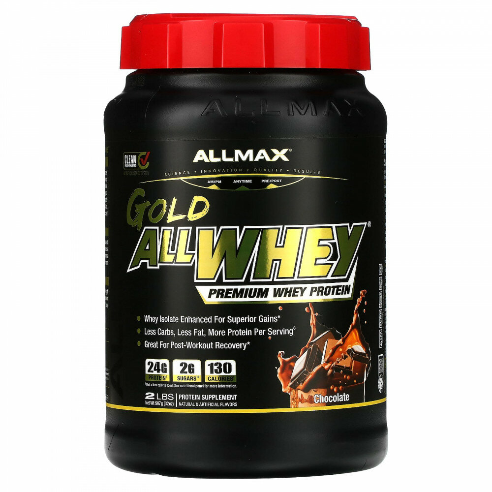 ALLMAX, AllWhey Gold, 100 % сывороточный белок + изолят сывороточного белка премиум-качества, со вкусом шоколада, 907 г (2 фунта)