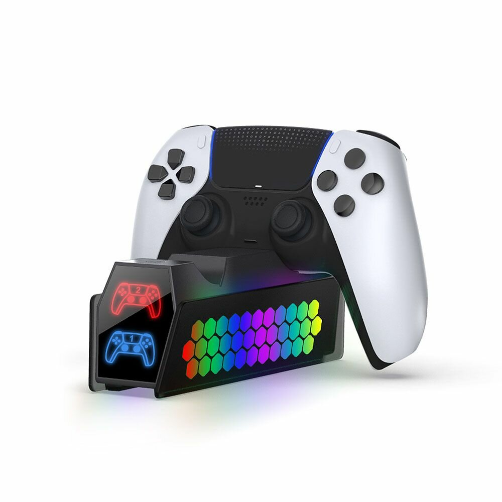 Зарядная док-станция с быстрой зарядкой и индикацией для 2-х геймпадов Dualsense Sony Playstation 5 PS5 с RGB подсветкой