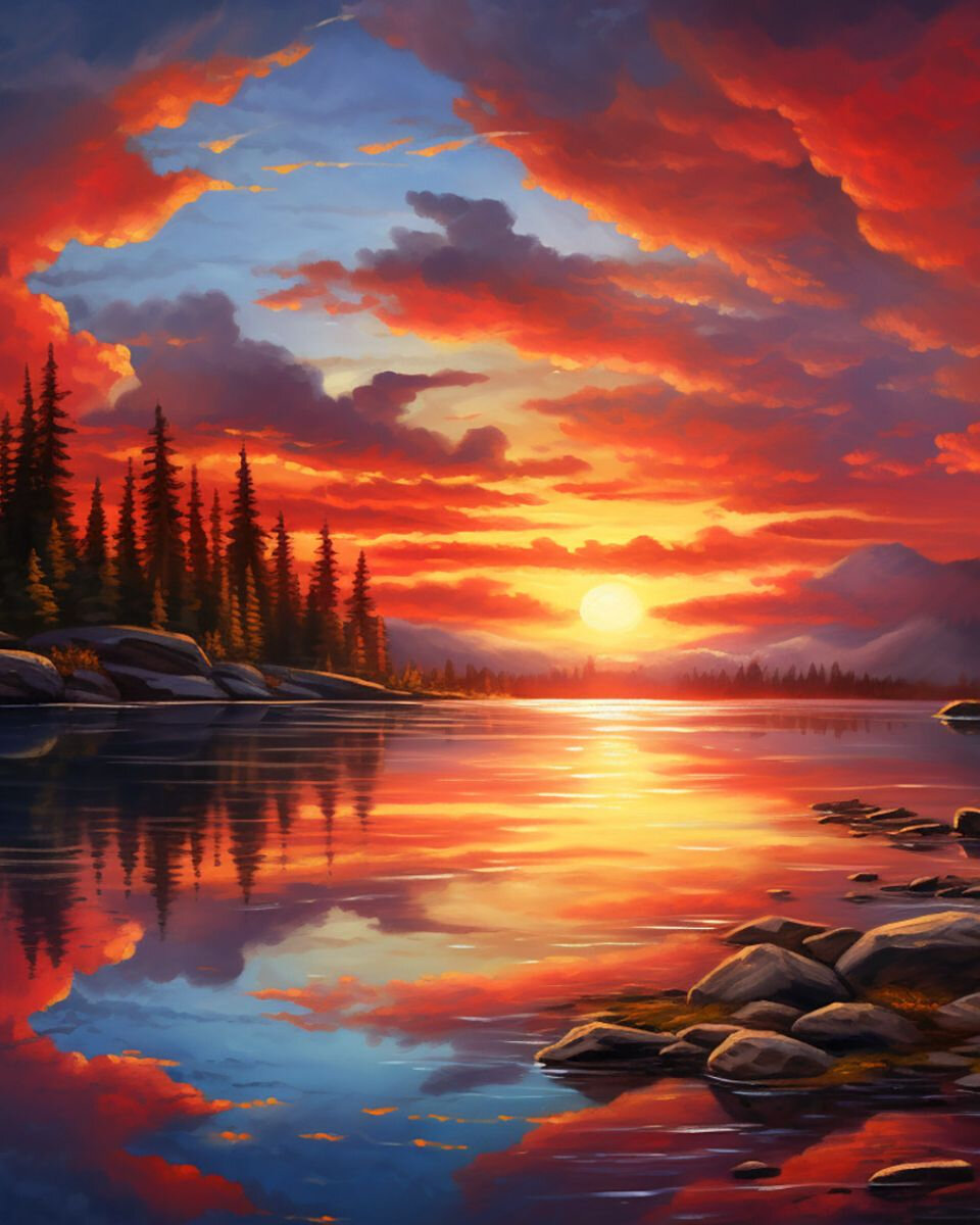 Картина по номерам закат на реке 40х50