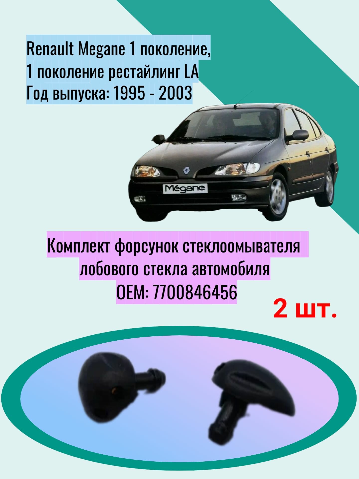 Комплект форсунок стеклоомывателя лобового стекла автомобиля Renault Megane 1 поколение, 1 поколение рестайлинг LA Год выпуска: 1995 - 2003 ОЕМ: 7700846456
