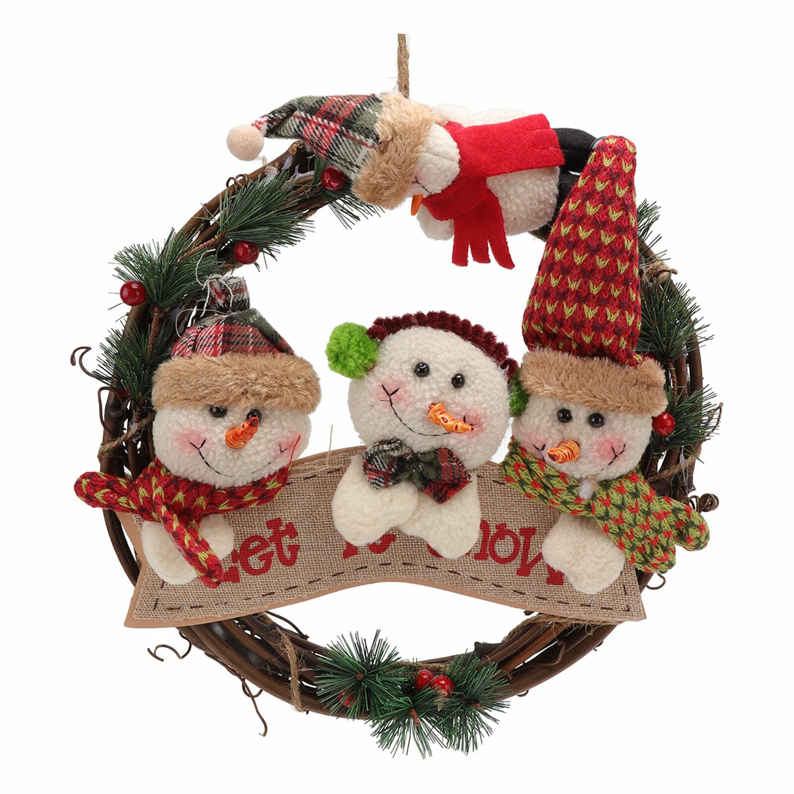 Рождественский венок, неувядаемый, прочный, радостный, насыщенные яркие цвета, венок из виноградной лозы для декора дверей, окон, стиль снеговика