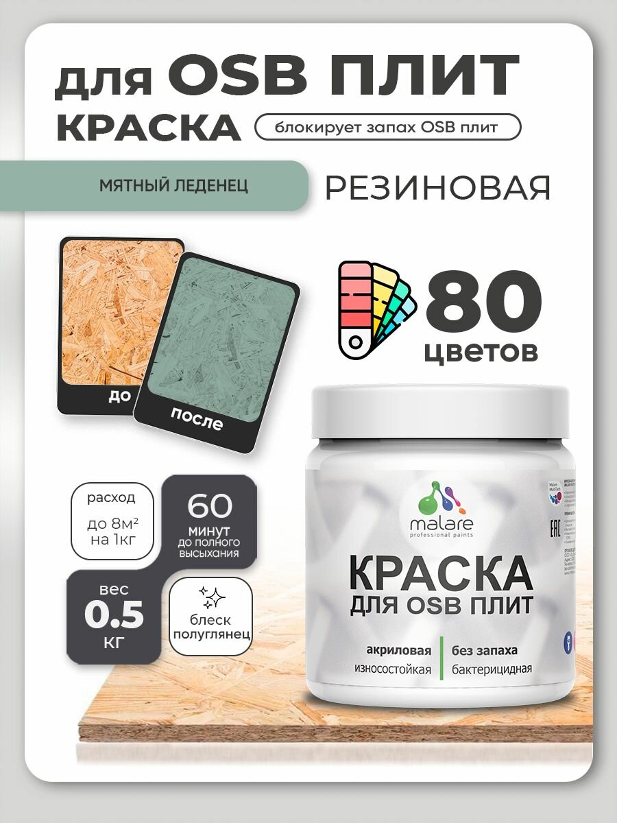 Резиновая краска для ОСБ плит Malare акриловая краска для дерева для наружных и внутренних работ, быстросохнущая без запаха полуглянцевая, ниагара, 0.5 кг