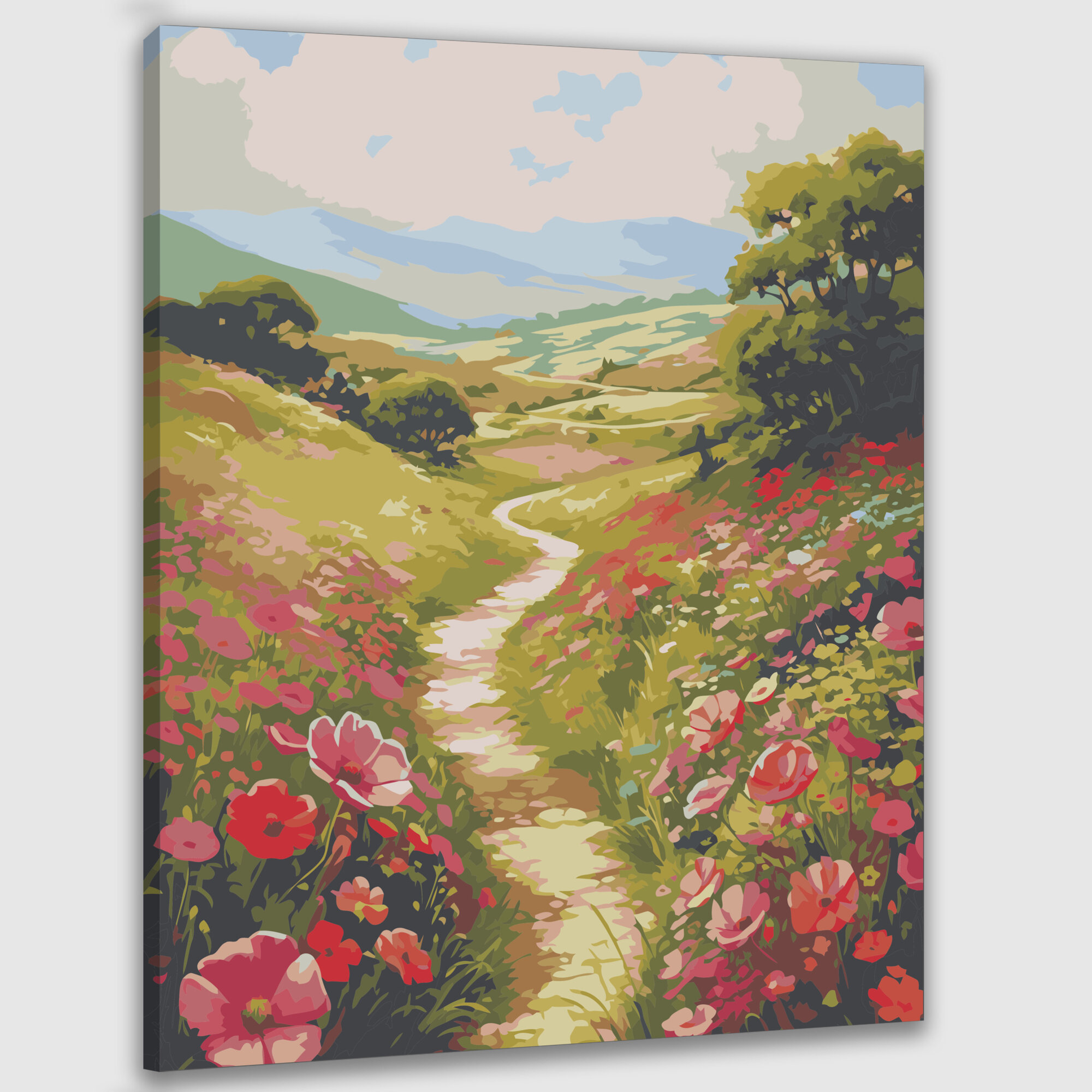 Картина по номерам 40x50 см, картина, масло, весенний пейзаж, тропинка, зелень, полевые цветы, ковер из цветов, холмы