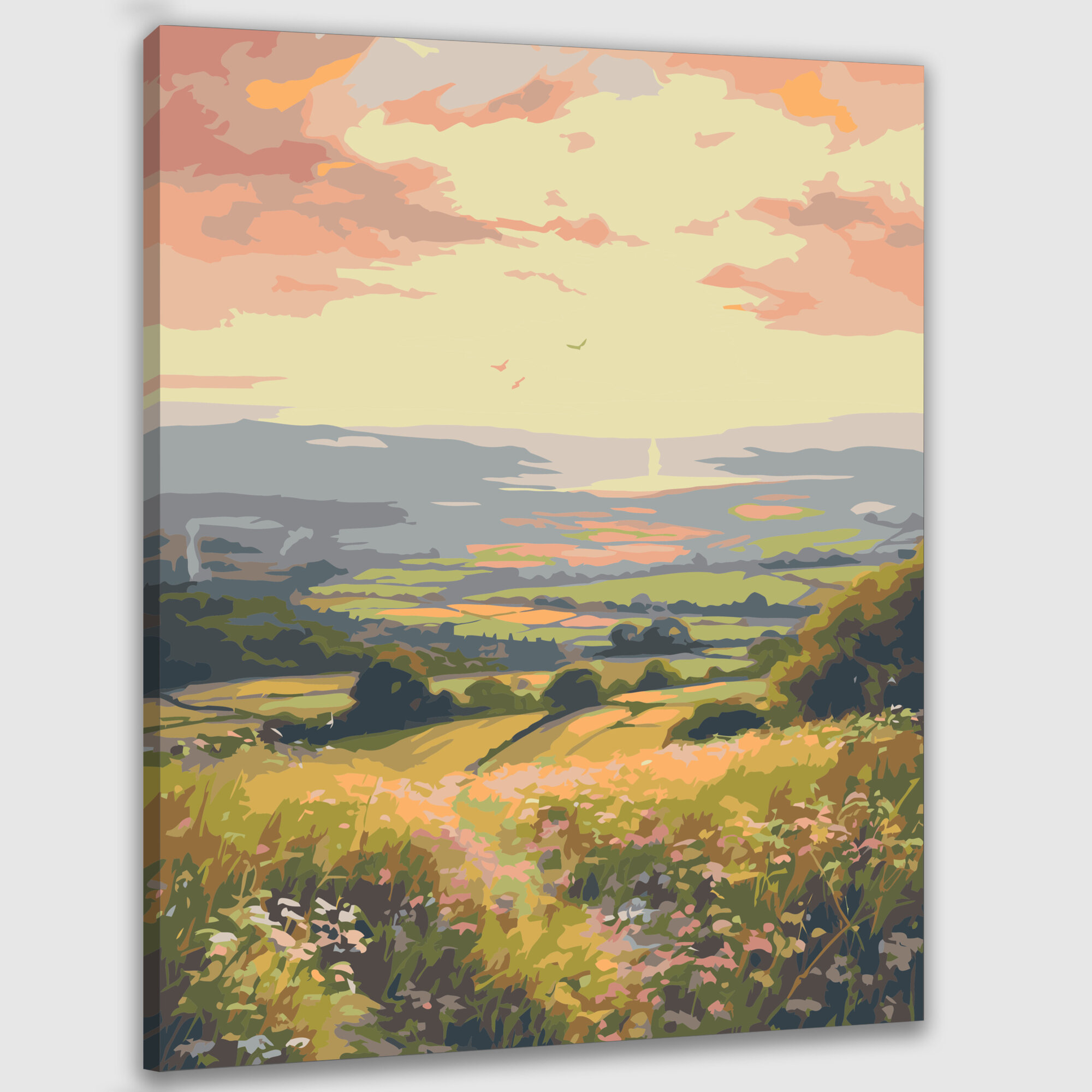 Картина по номерам 40x50 см, картина маслом, сельский пейзаж, восход солнца, пологие холмы, теплое сияние