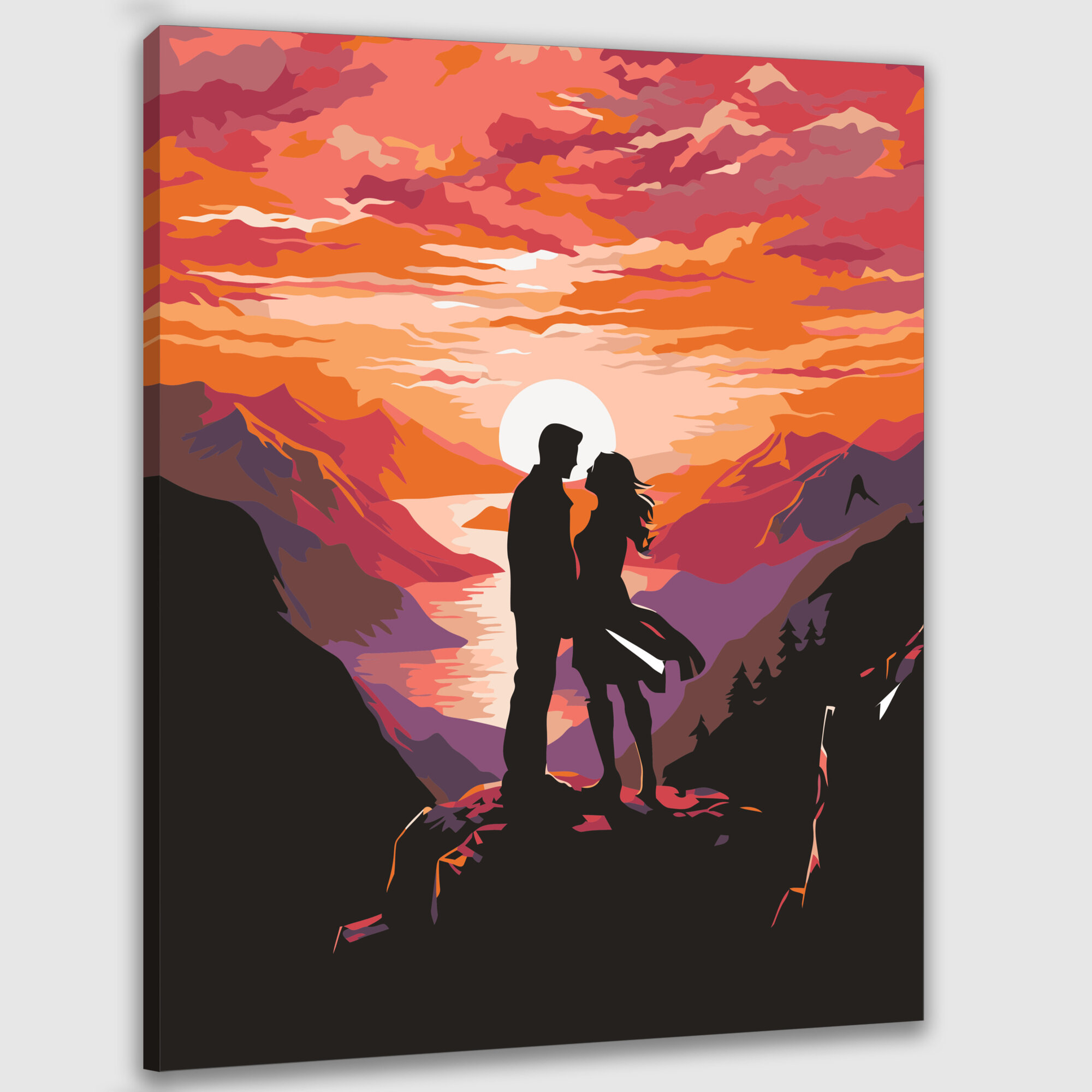 Картина по номерам 40x50 см, цифровое искусство, пара, утес, горный хребет, закат, оранжевый, розовый, фиолетовый, небо