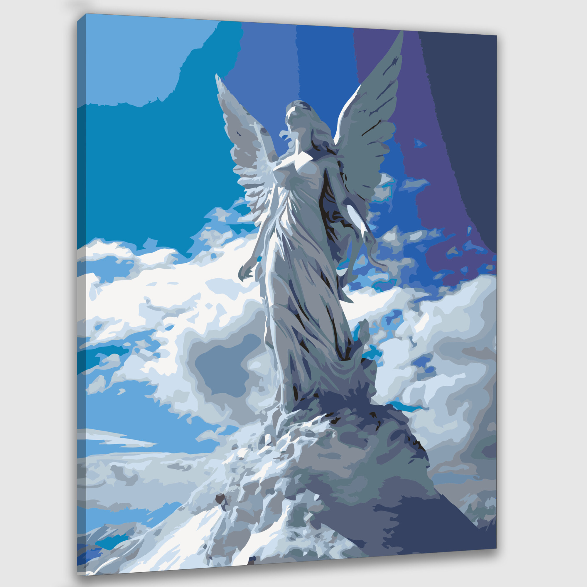 Картина по номерам 40x50 см, фотография, статуя, ангел, вершина, гора, заснеженная, ясное небо, голубое, облака, белые
