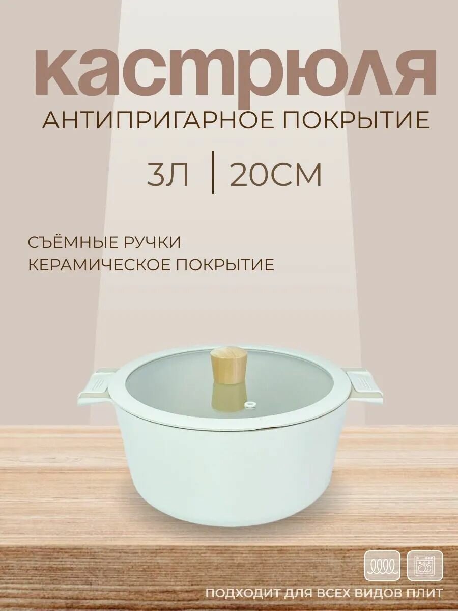 Кастрюля 3 л с антипригарным покрытием ZEIDAN с крышкой 20 см для всех типов плит деревянная ручка на крышке