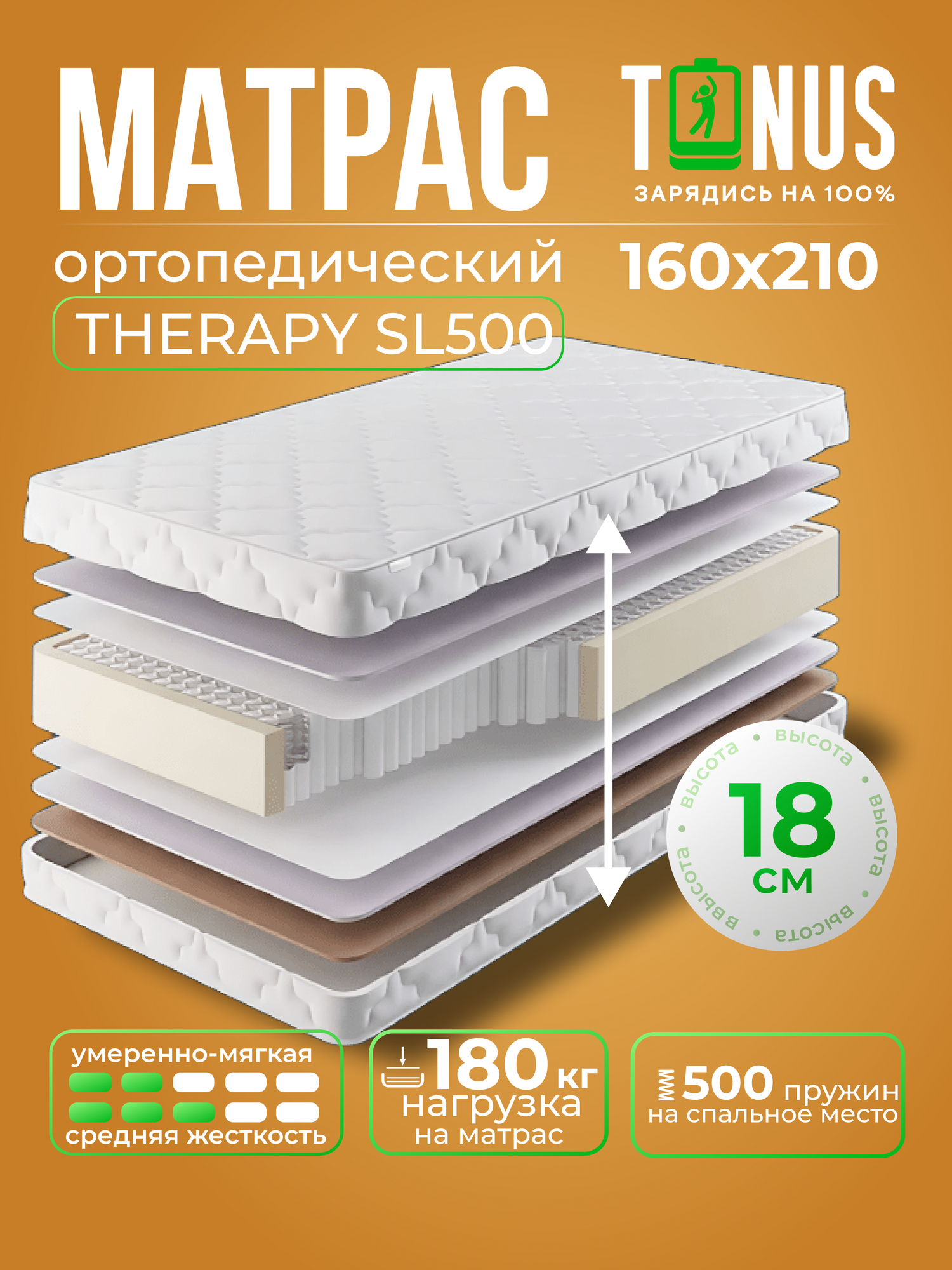 Ортопедический Матрас 160х210 Пружинный Tonus Therapy sl 500, Независимые пружины