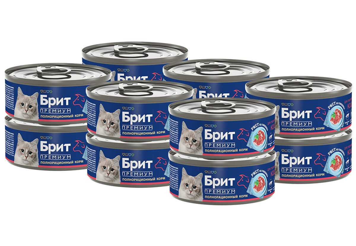 Корм влажный Brit Premium для кастрированных котов и стерилизованных кошек с говядиной риет, 100 г х 12 шт