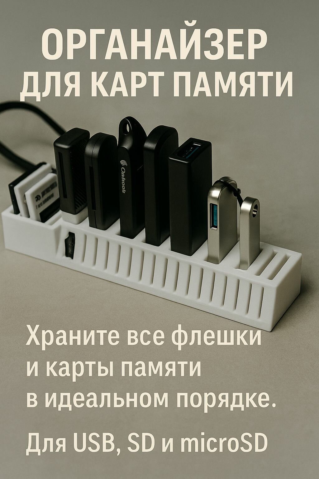 Держатель органайзер для карт памяти usb, sd, micro sd, белый