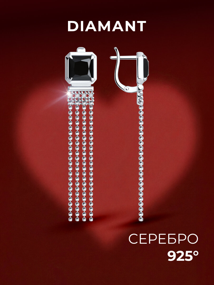 Серьги с подвесками, серебро, 925 проба, фианит, оникс