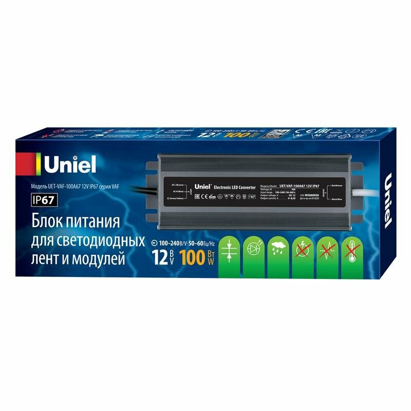 Блок питания UET-VAF-100A67 12В IP67 ультратонкий 100Вт метал. корпус Uniel UL-00007576