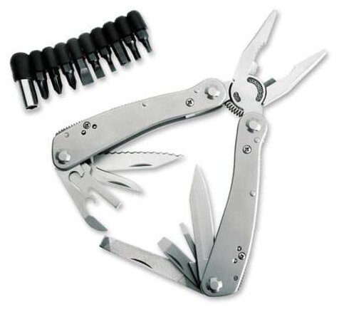 Мультитул Stinger, 105x50 мм, 10 функций, сталь, серебристый, 12 насадок и нейлоновый чехол