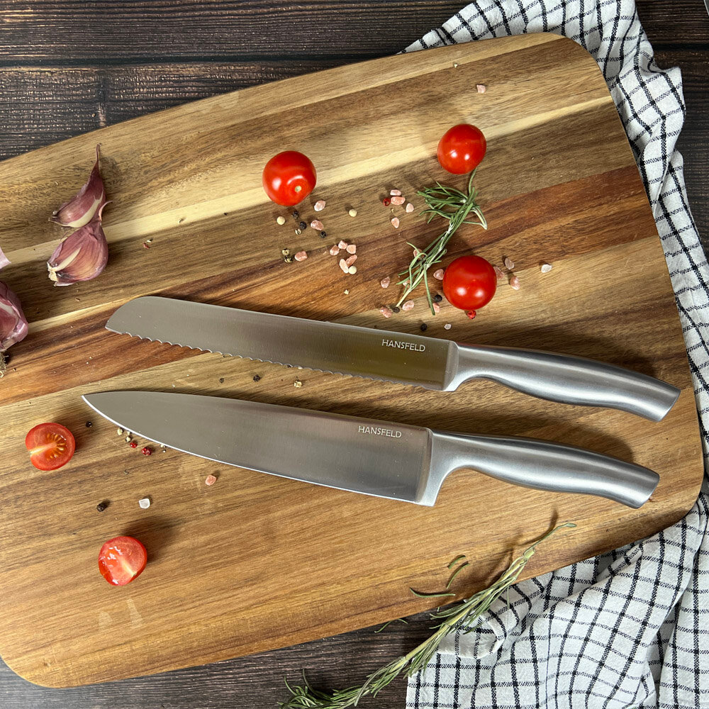 Набор кухонных ножей 2шт (поварской, для хлеба) HANSFELD Aurora / нож для мяса рыбы / шеф нож поварской / хлебный нож