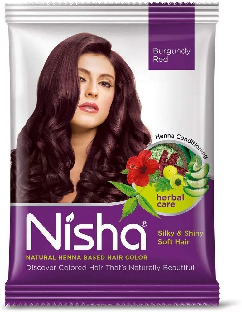 Nisha BURGUNDY RED Natural Henna Based Hair Color (Натуральная краска для волос на основе хны с травами бургунди красный, Ниша), 15 г.