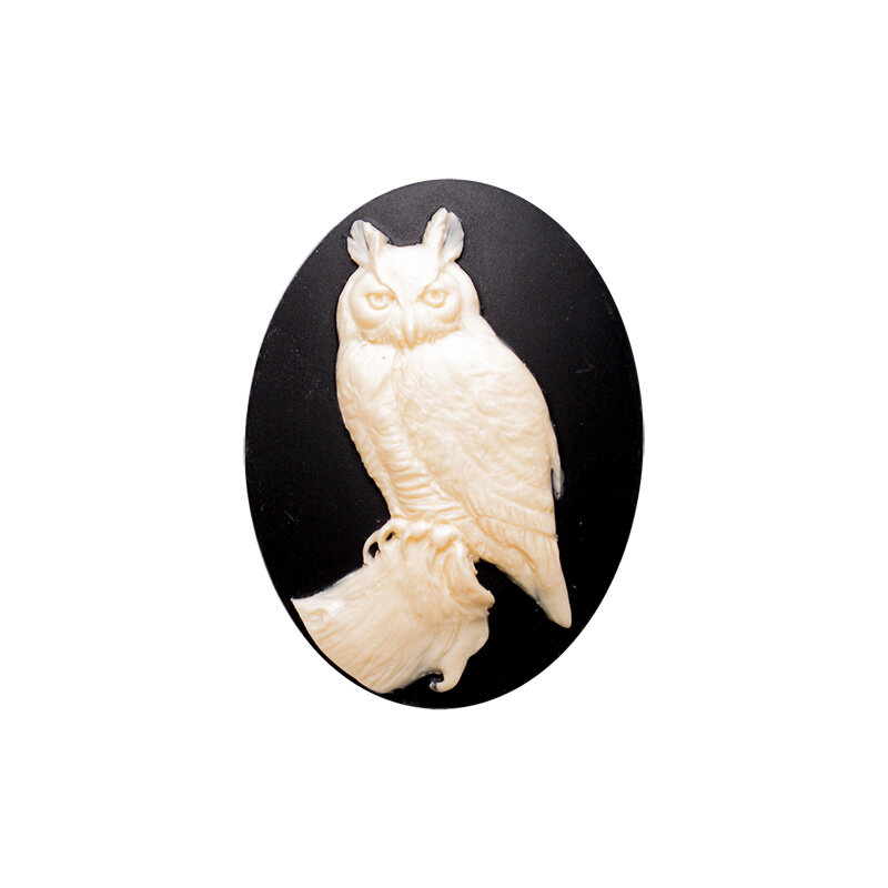 Камея акриловая, 40х30мм, филин, слоновая кость на черном, 1 шт.
