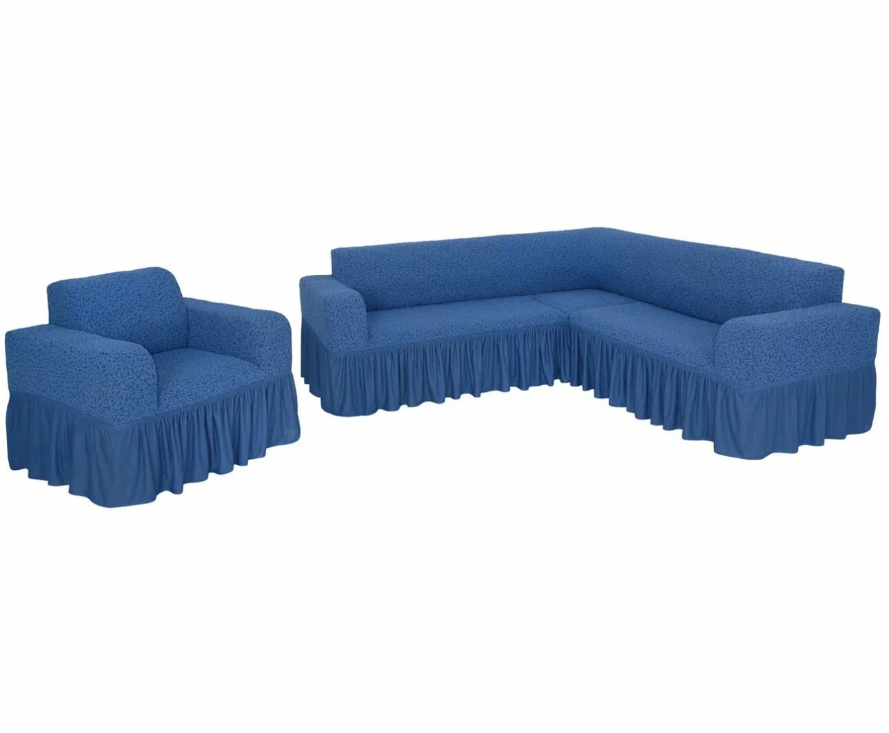 Жаккардовый чехол на угловой диван и одно кресло с юбкой, Универсальный чехол на угловой диван и 1 кресло, Дивандек, Покрывало на угловой диван