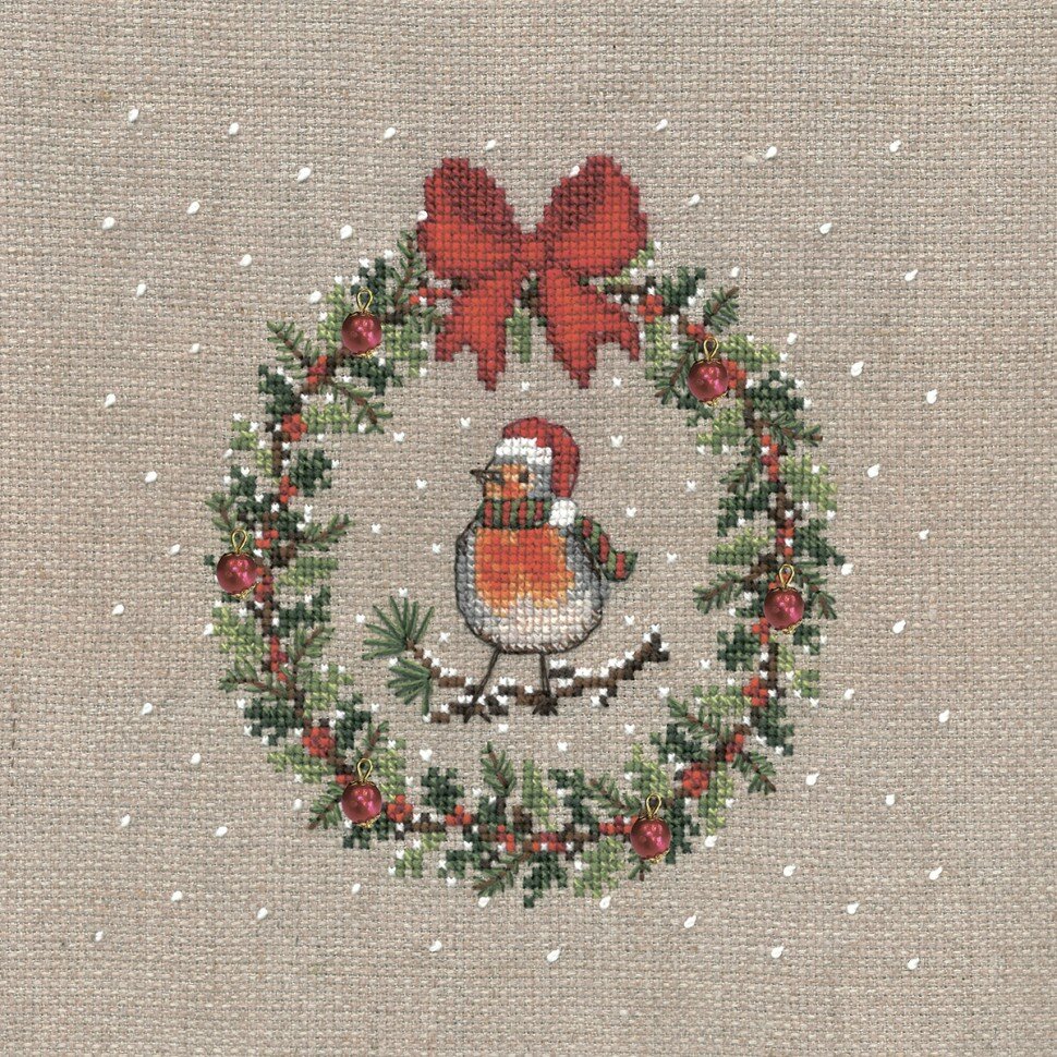 Набор для вышивания Le Bonheur des Dames #2699 December Wreath Robin Bird (Декабрьский Венок Малиновка), Счетный крест, 14.5 х 14.5 см