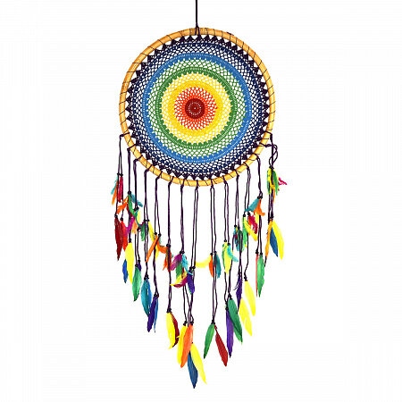 Ловец снов оберег радуга круг В ротанге С перьями WIR4-8428RB - притягивает энергию счастья и благополучия (макраме, диаметр 52-54 см, длина 140-150 см.), 1 шт.