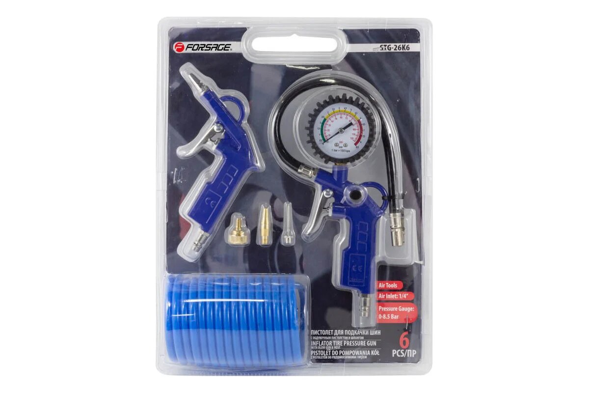 Пистолет для подкачки шин Forsage, с манометром, в комплекте с пистолетом обдувочным и шлангом