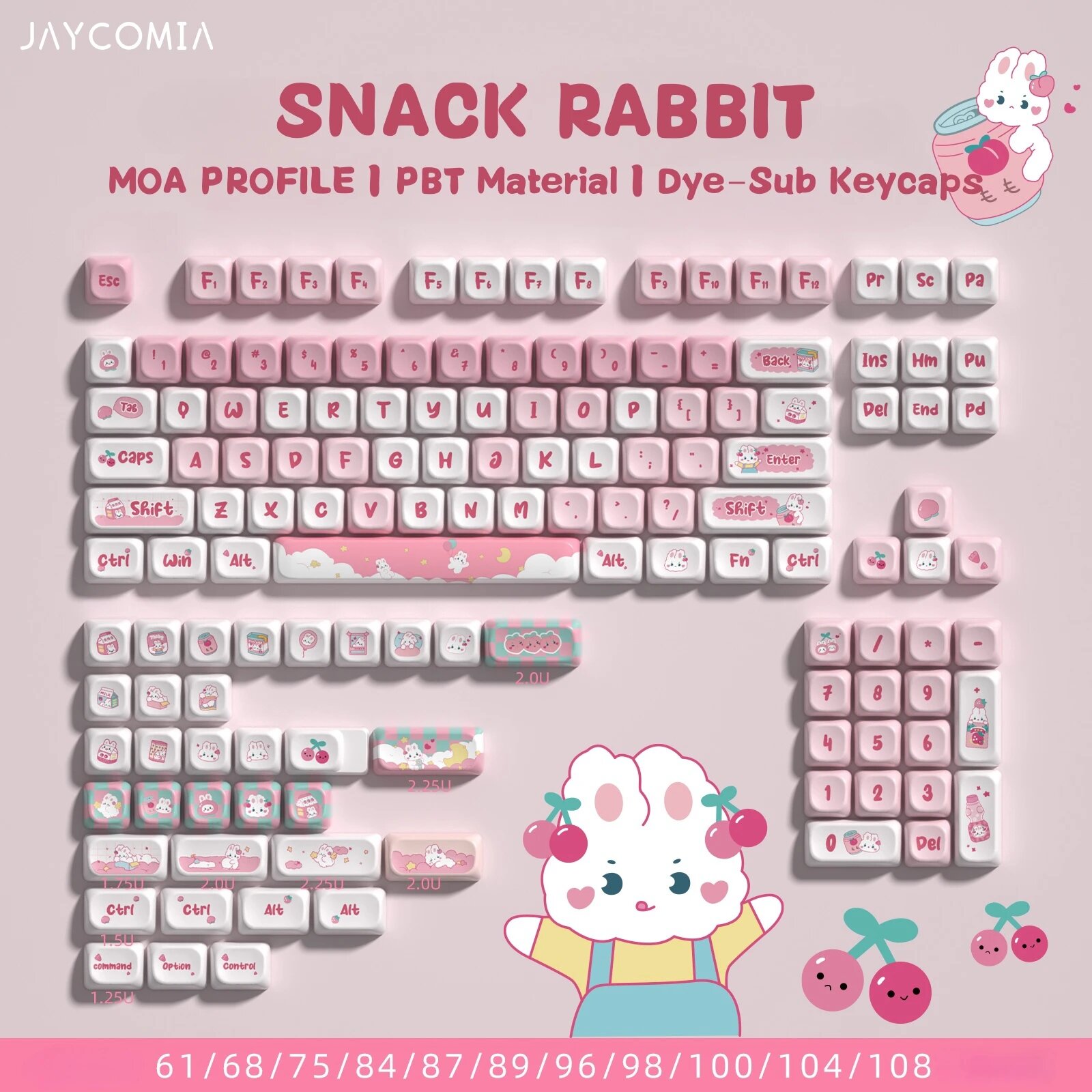 Jaycomia MOA Cute Keycaps PBT Dye Sub Snack Rabbit 134 Keys