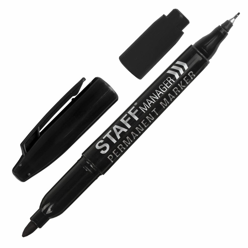 Маркер перманентный двусторонний STAFF "Manager" PM-625, черный, наконечники 0,8 мм / 2,2 мм, 151625 (12 штук в упаковке)